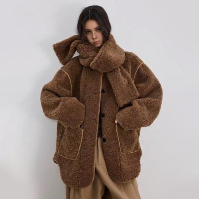 China Teddy Colored Faux Sheep Fur One Piece Plush Coat With A Scarf Included for sale