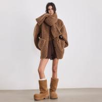 China Teddy Colored Faux Sheep Fur One Piece Plush Coat With A Scarf Included for sale