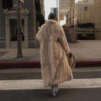 China Manhattan Stripes Shawl Collar Faux Fur Coat for sale