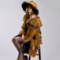 China Gold Red Brown Black Patchwork Faux Fox Fur Coat for sale
