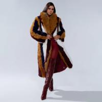 China Shawl Collar Striped Patchwork Faux Fox Fur Long Coat for sale