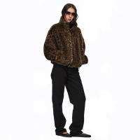 China Stand Up Collar Loose Sleeve Windproof Faux Leopard Print Fur Jacket for sale