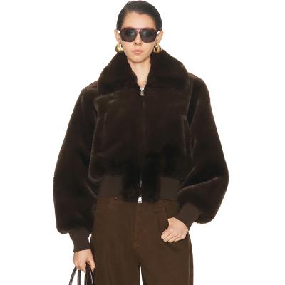 China Chocolate Lapel Plush Faux Fur Short Jacket for sale