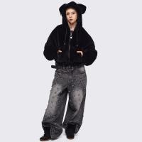 China Women Cat Ear Black Faux Fur Fluffy Jacket for sale