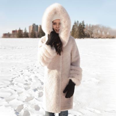 China Cream Blush Sheepskin Faux Fur Fluffy Coat with Faux Fox Fur Trim for sale