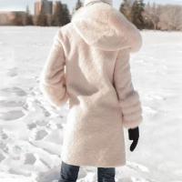 China Cream Blush Sheepskin Faux Fur Fluffy Coat with Faux Fox Fur Trim for sale