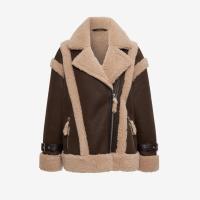 China Brown Beige Faux Shearling Fur Faux Suede Biker Jacket for sale