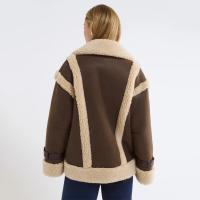 China Brown Beige Faux Shearling Fur Faux Suede Biker Jacket for sale