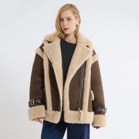 China Brown Beige Faux Shearling Fur Faux Suede Biker Jacket for sale