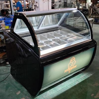 China 12/16 Pans Gelato Display Freezer Cabinet Curved Glass For Ice Cream Parlor for sale