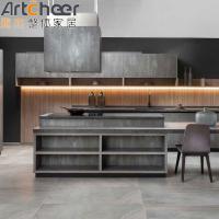 China Modern Kitchen Furniture with Dark Grey Marble Look Finish and Flat Edge Countertop for sale