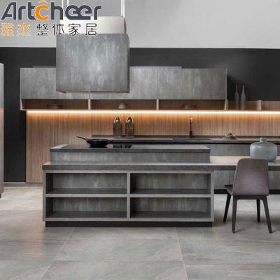 China Modern Kitchen Furniture with Dark Grey Marble Look Finish and Flat Edge Countertop for sale