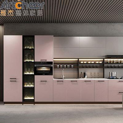 China Handless Door Soft Close L Shape Kitchen Cabinet With Solid Surface Countertop Modern Design for sale