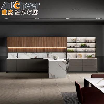 China Modern Kitchen Furniture Gray Melamine L Shaped Cabinet Set with Pantry Cupboard for sale