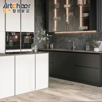 China Smart Modern Kitchen Cabinet With Laminated Panel Storage Design And Quartz Stone Countertop for sale