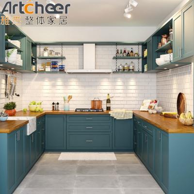 China Natural Maple Blue Color Durable Shaker Door Kitchen Cabinet in Solid Wood for sale