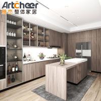 China Modern Farmhouse Design Solid Wood L Shape Kitchen Cabinet with Custom Size Kitchen Island for sale