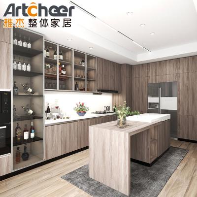 China Modern Farmhouse Design Solid Wood L Shape Kitchen Cabinet with Custom Size Kitchen Island for sale
