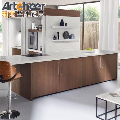 China Custom Size L Shape Kitchen Cabinet with Pull Out Basket and Walnut Color Finish for sale