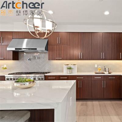China Modern Style L Shape Kitchen Cabinet with Walnut Finish and Quartz Stone Top for sale