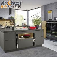 China Modern L-Shape Kitchen Cabinet with Melamine Carcass Light Grey Finish and Island Cabinet for sale