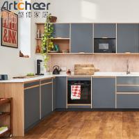 China Indian Style Plywood Material Kitchen Cabinet with Dark Grey Door Color in L Shape Design for sale