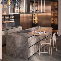 China Laminated Stone Finish Kitchen Cabinet with Sintered Stone Island and Eco-Friendly Plywood L Shape Cabinet for sale