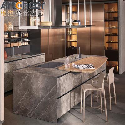 China Laminated Stone Finish Kitchen Cabinet with Sintered Stone Island and Eco-Friendly Plywood L Shape Cabinet for sale
