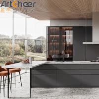 China Italian Design L Shape Kitchen Cabinet with Dark Grey Color and White Stone Top for sale