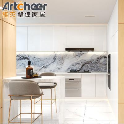 China Modern L Shape Kitchen Cabinets with PVC Board Finish and Small Quartz Stone Island - 3 Years Warranty for sale