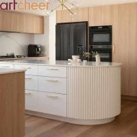 China L Shape Kitchen Cabinet with Luxury Gold Handles Maple Veneer Finish and White Quartz Stone Table Top for sale
