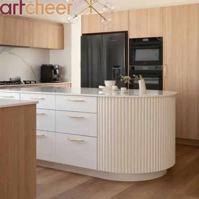 China L Shape Kitchen Cabinet with Luxury Gold Handles Maple Veneer Finish and White Quartz Stone Table Top for sale