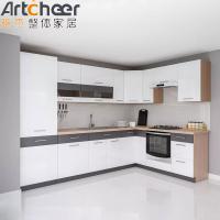 China Modern L Shape Kitchen Cabinet with High Gloss Lacquer Finish Plywood Carcass and Steel Mounted Island for sale