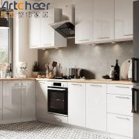 China Modern High Gloss Lacquer L Shape Kitchen Cabinet with Bullnose Edge and Waste Container for sale