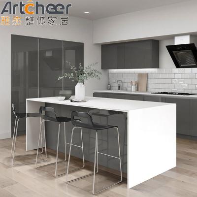 China Modern Kitchen Cabinet Island with Quartz Stone Top and Dark Grey Color for Luxury Spaces with 5 Year Warranty for sale