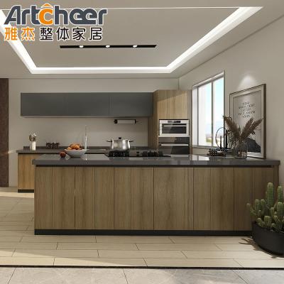 China Modern Wood Veneer Finish Kitchen Cabinet with 5 Year Warranty and Customizable Size for Modular Kitchen for sale