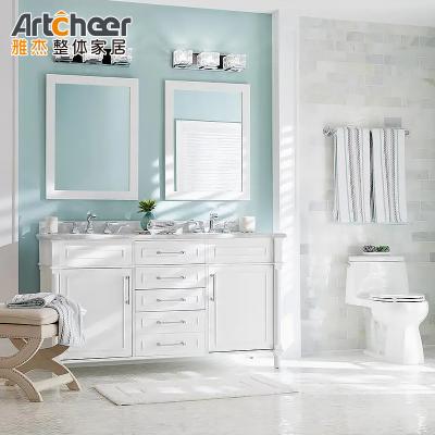China Solid Wood Frame Double Basin Floor Mounted Bathroom Vanity Combo with Drawers for sale