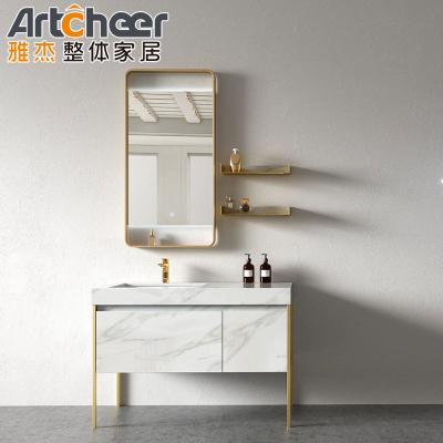 China Modern Wall-mounted Bathroom Vanity Combo with Plywood Cabinet and Slab Basin for Hotel for sale