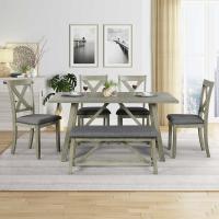 China 60 inch Gray 6 Piece Dining Room Table Set with Bench and 4 Chairs for sale