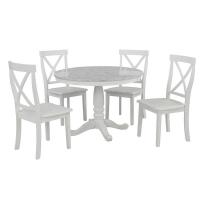 China White 5-Piece Dining Table Set for 4 Persons with Marble Style Top and Solid Wood Chairs for sale
