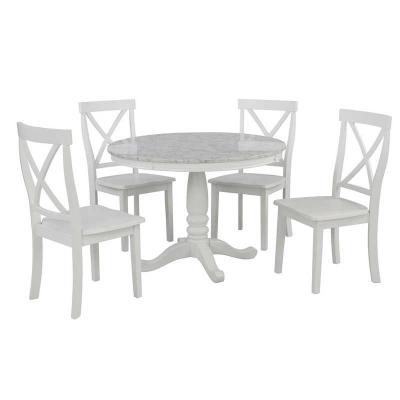 China White 5-Piece Dining Table Set for 4 Persons with Marble Style Top and Solid Wood Chairs for sale