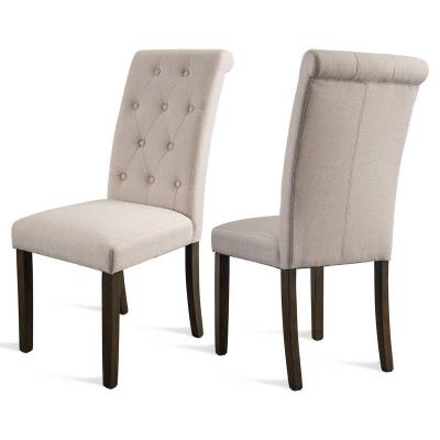 China Beige Fabric Dining Chair Set of 2 with Copper Nails and Solid Wood Legs 330 lbs Capacity for sale