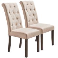 China Beige Fabric Dining Chair Set of 2 with Copper Nails and Solid Wood Legs 330 lbs Capacity for sale