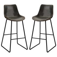 China Vintage Leather Bar Stools Set of 2 Counter Height 29 Inch Seat Gray Metal Frame for sale