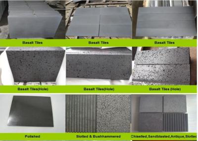 China Hainan Black Lava Sands Blasted Bluestone Black Dark Basalt Flamed Grooved Natural Stone Tiles Slabs for sale