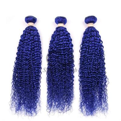 China Blue Kinky Curly Remy Human Hair Bundles 10-28 Inch Brazilian Sew In Weave 3 Bundles Set for sale