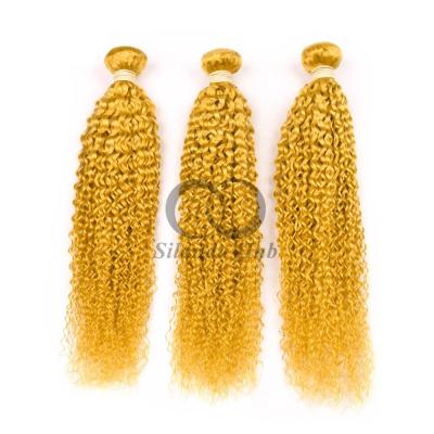 China Yellow Kinky Curly Remy Human Hair Bundles 10-28 Inch Brazilian Sew In Weave 3 Bundles for sale