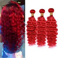 China Red Deep Wave Remy Human Hair Bundles 10-28 Inch Brazilian Sew In Weave 3 Bundles Per Set for sale