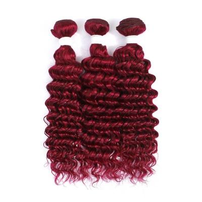 China Burgundy Deep Wave Remy Human Hair Bundles 10-28 Inch Brazilian Sew In Weave 3 Bundles for sale