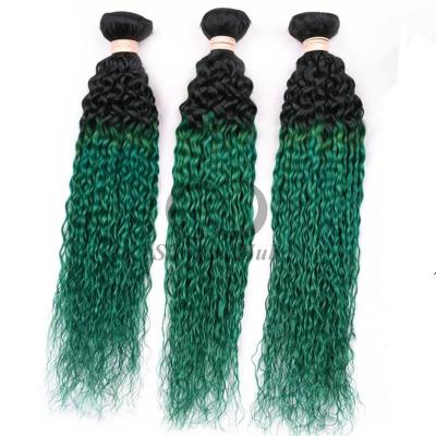 China T1B Green Kinky Curly Remy Human Hair Bundles 10-28 Inch Brazilian Sew In Weave for sale